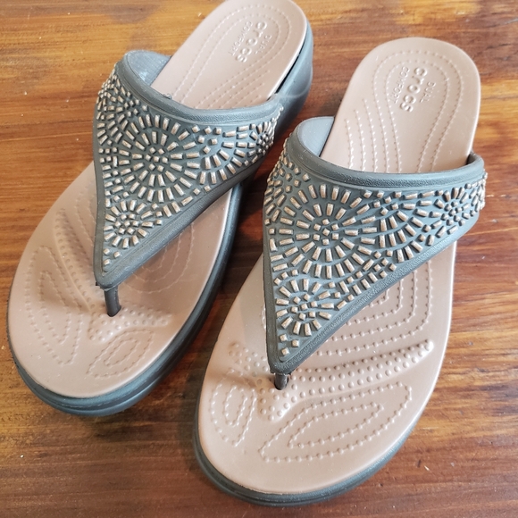 CROCS | Shoes | Crocs Monterey Diamante Slip On Comfort Taupe Wedge ...